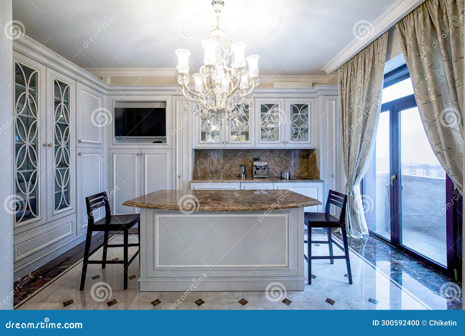 Classic Kitchen Interior with Panoramic Window and Islands Stock Photo ...
