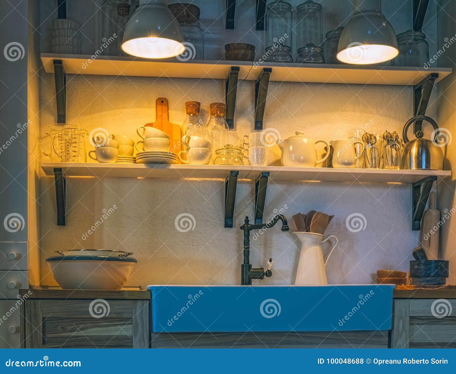 Classic Kitchen with Utensils Stock Photo - Image of pans, furniture ...