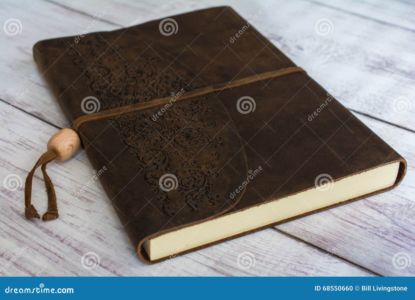 Classic Leather Bound Journal Book on a White Barn Board Floor Close Up ...