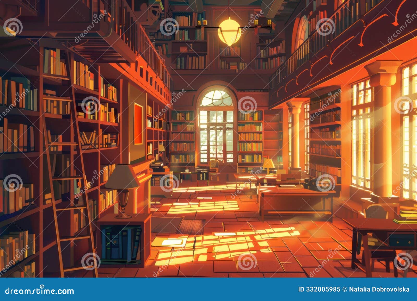 Classic Library Interior with Dark Wood Shelves, Soft Lighting, and a ...