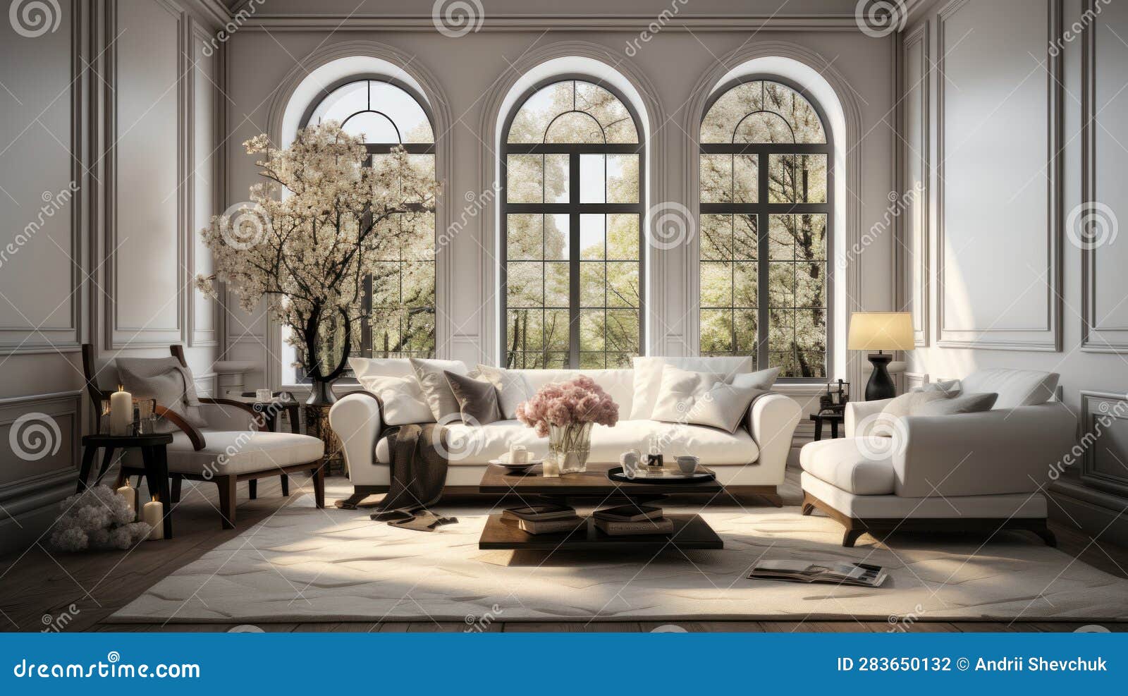 Classic Living Room Interior with a Large Windows. Generative AI Stock ...