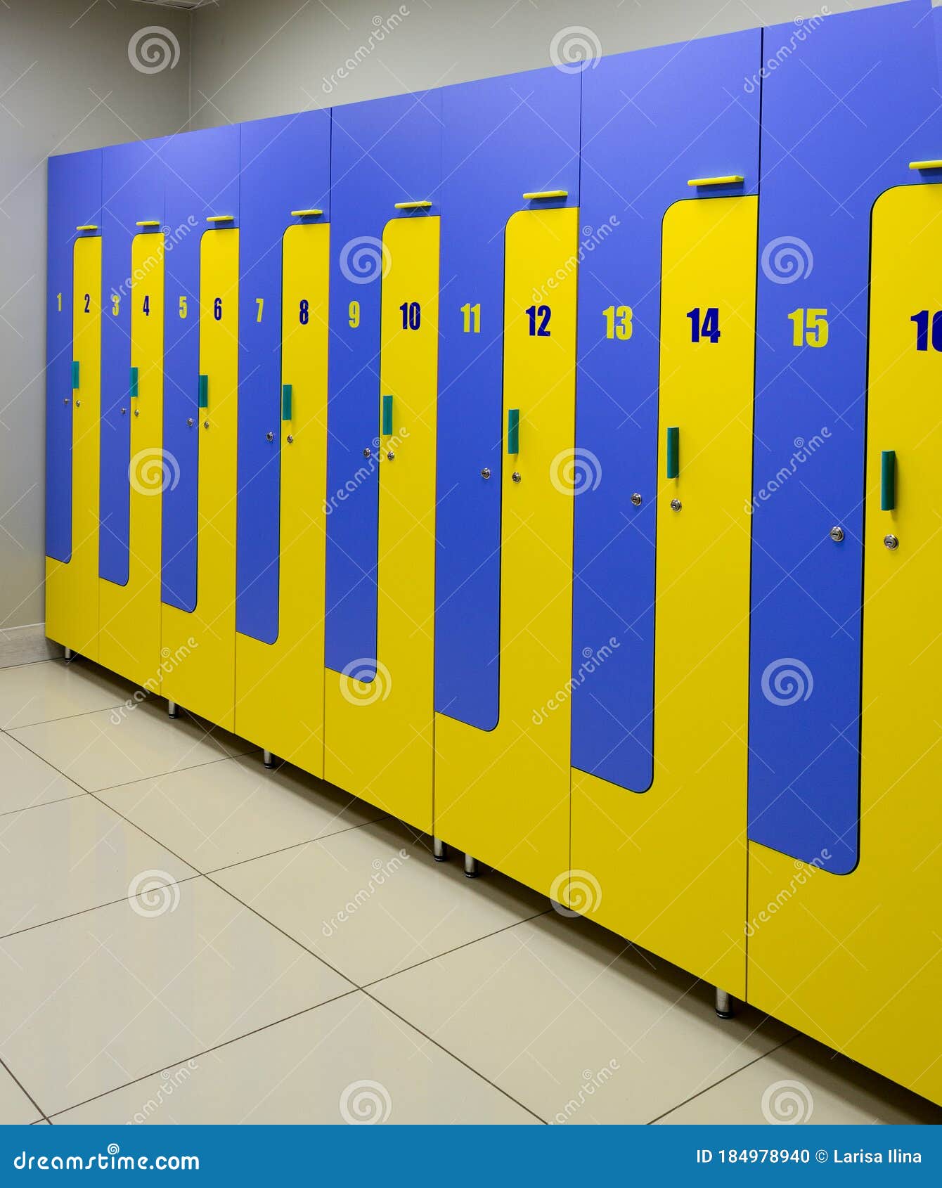 Classic Locker Room with Blue and Yellow Rows of Lockers Stock Photo ...