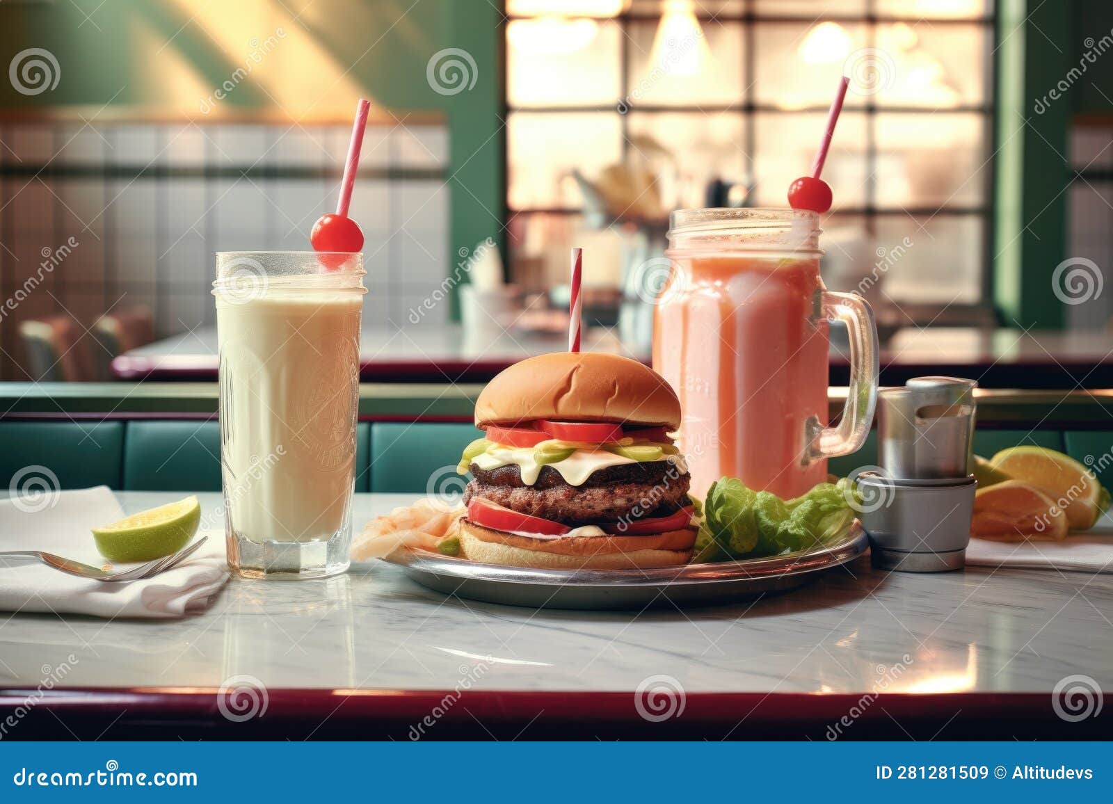 Classic Milkshake and Burger on Diner Table Stock Illustration ...
