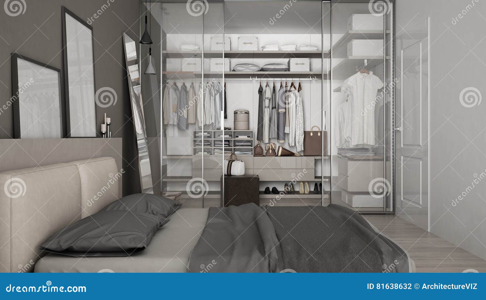 Classic Minimal Bedroom with Walk-in Closet Stock Photo - Image of ...