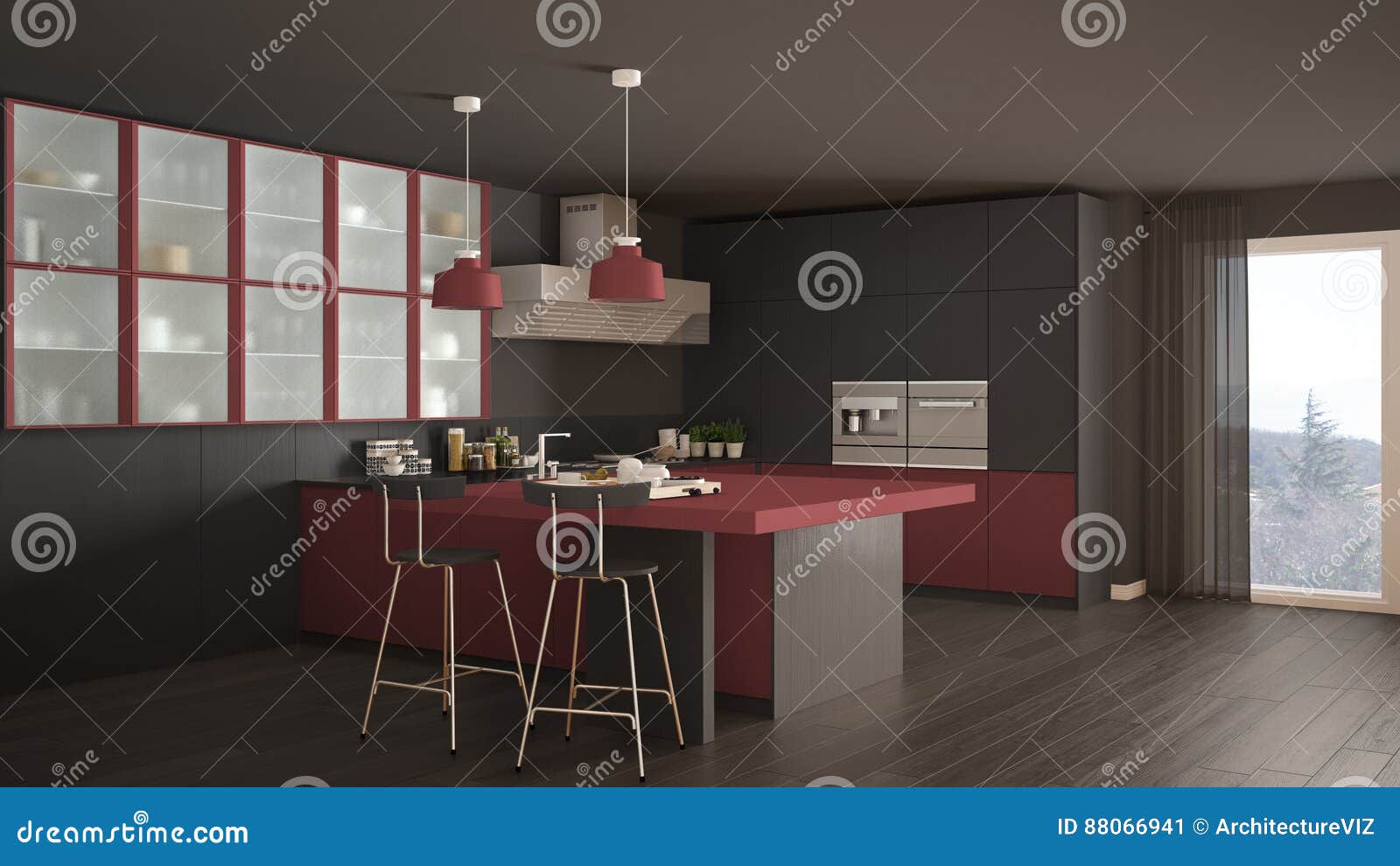 Classic Minimal Gray and Red Kitchen with Parquet Floor, Modern Stock ...