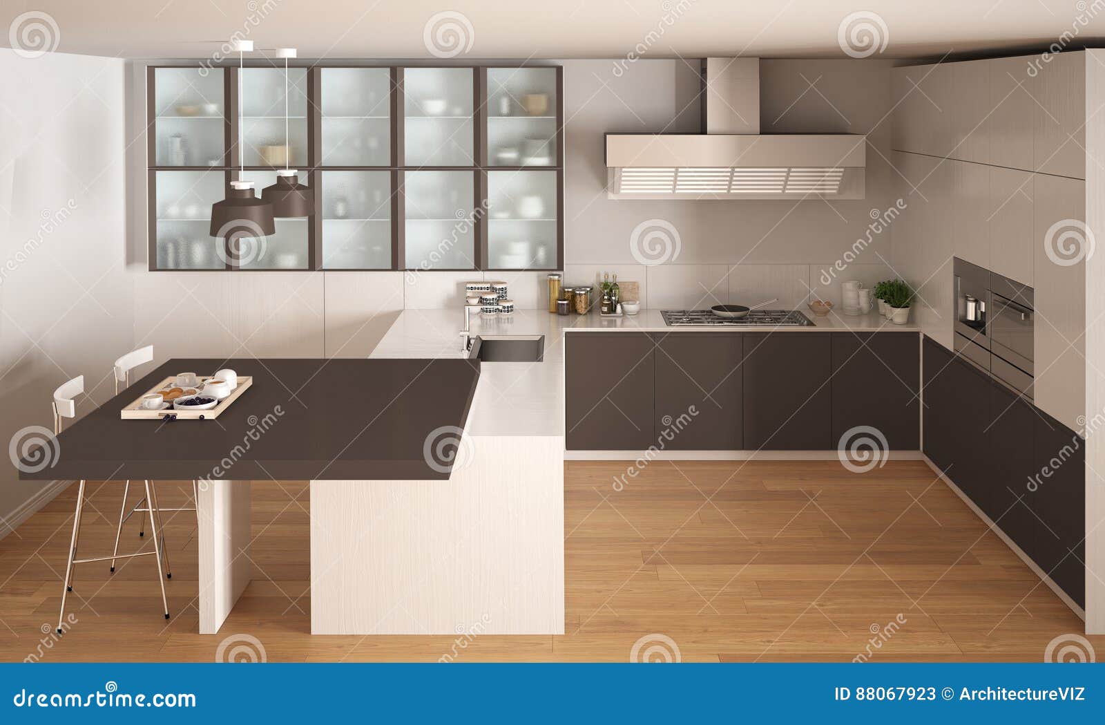 Classic Minimal White and Brown Kitchen with Parquet Floor, Mode Stock ...