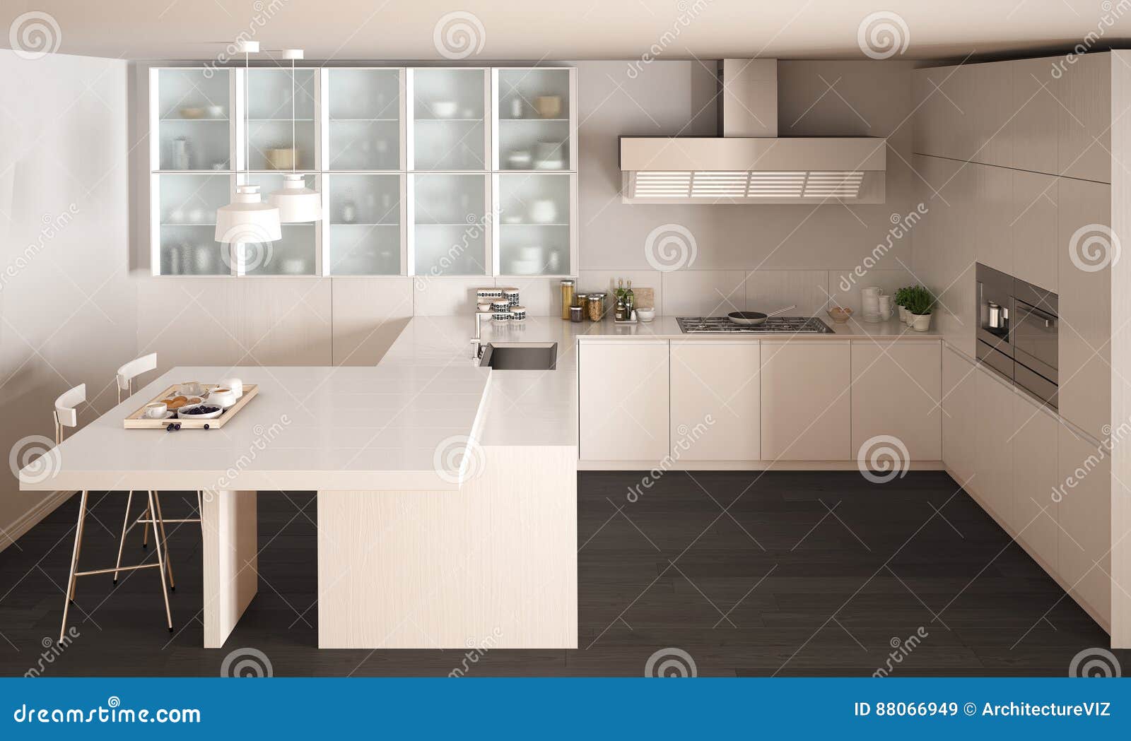 Classic Minimal White Kitchen with Parquet Floor, Modern Interior ...