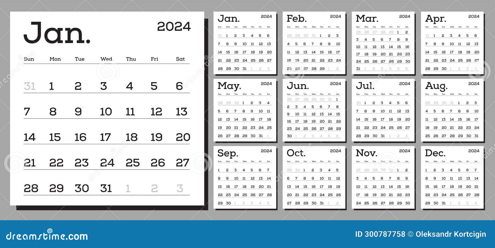 Classic Monthly Calendar for 2024. the Week Starts on Sunday. Vector ...