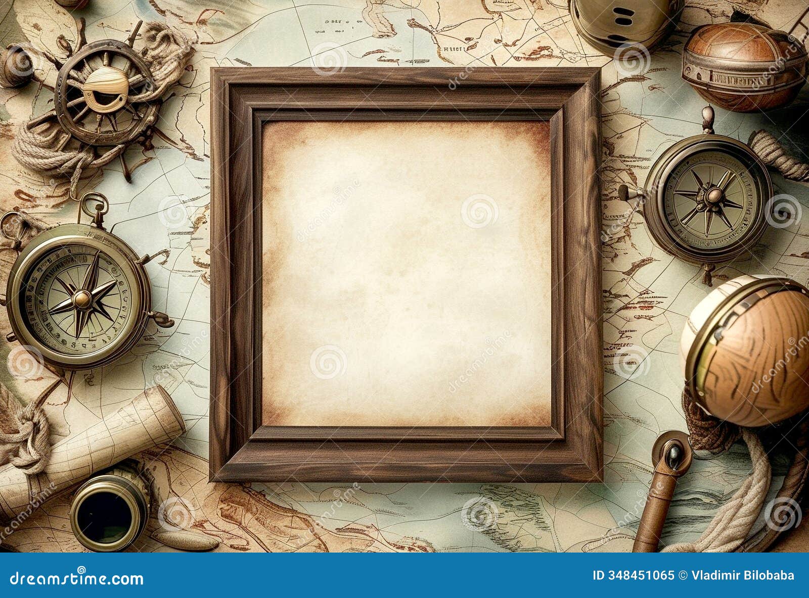 Vintage Map and Compass Surround an Empty Frame Inviting Adventure and ...