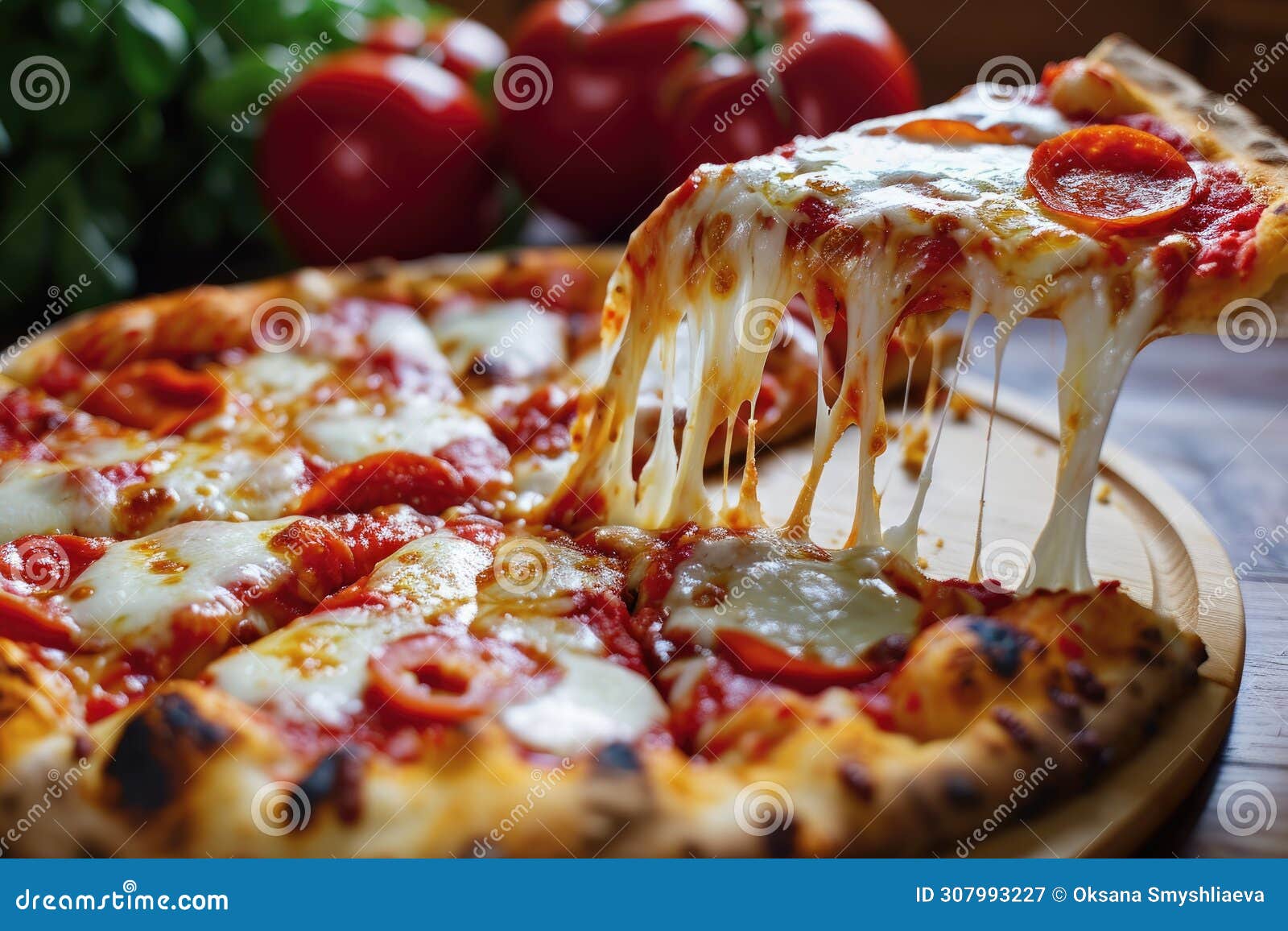 Classic Pepperoni Pizza with Stretchy Melted Cheese and Basil on Wooden ...