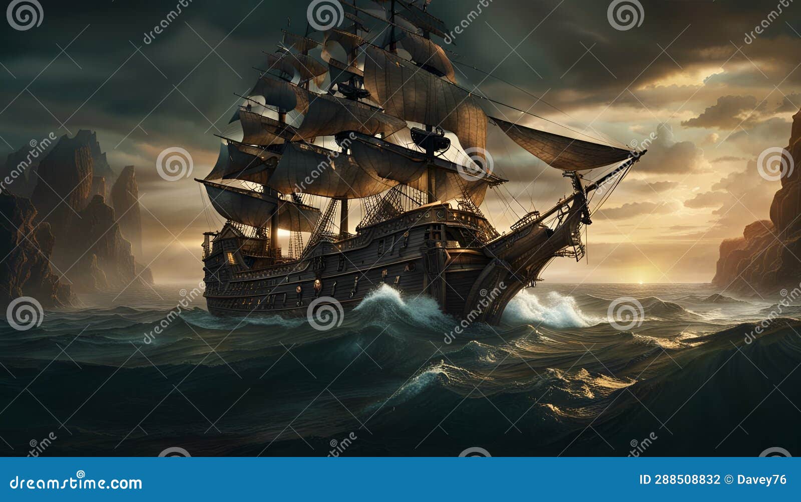 Classic Pirate Ship Sailing at Sea with Dark Clouds Stock Illustration ...