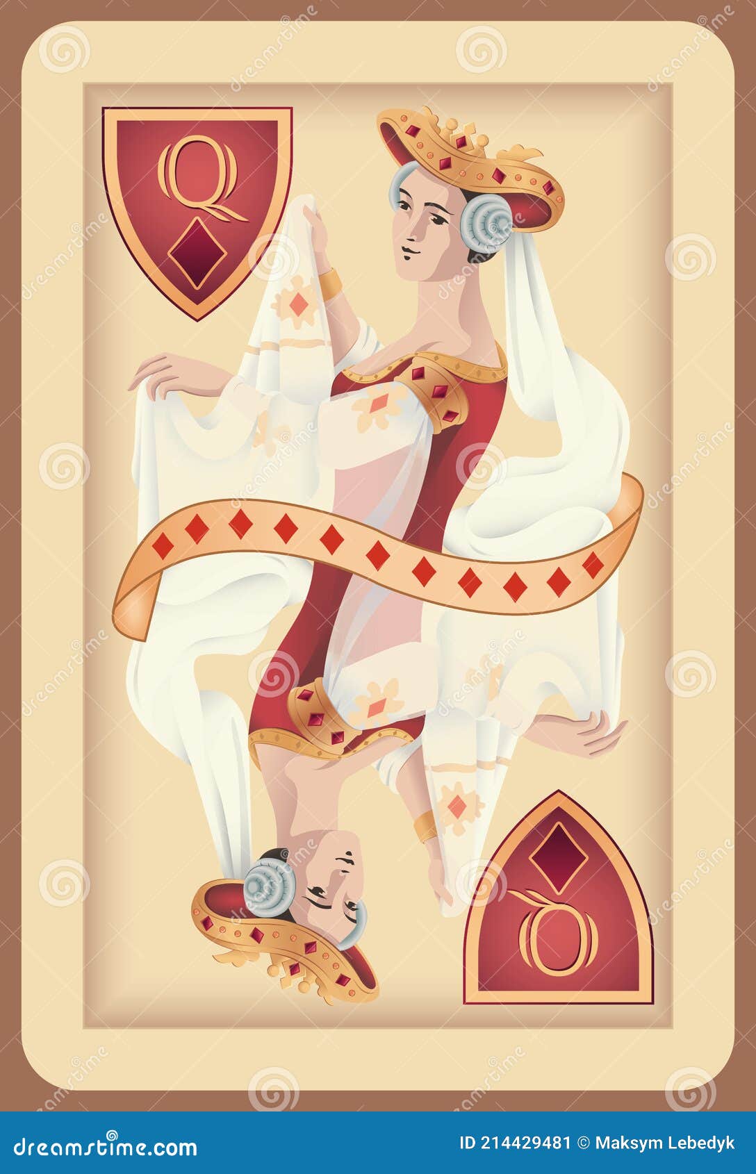 Queen Of Diamonds Playing Card. Unique Hand Drawn Pocker Card. One Of ...
