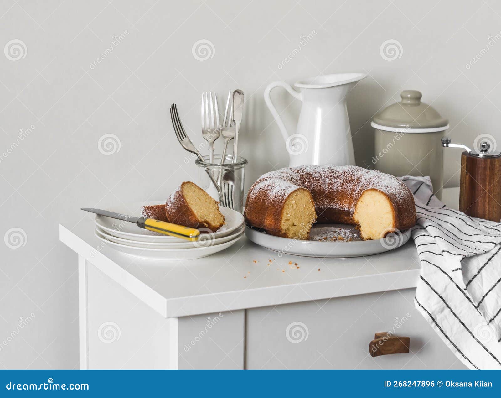 Classic Pound English Cake on a White Table in a Bright Kitchen Stock ...