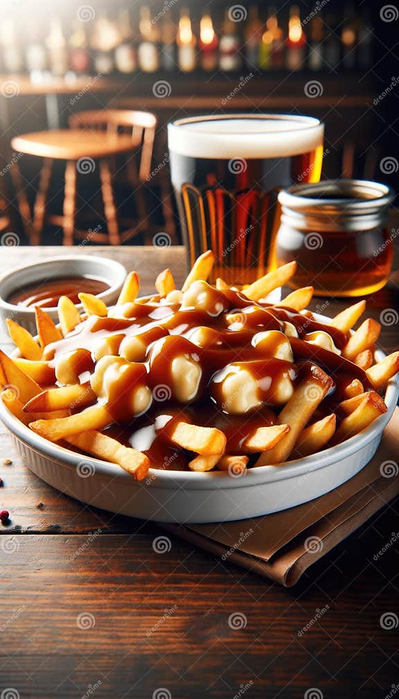 Classic Poutine Dish with Beer in the Background, AI Generated Stock ...