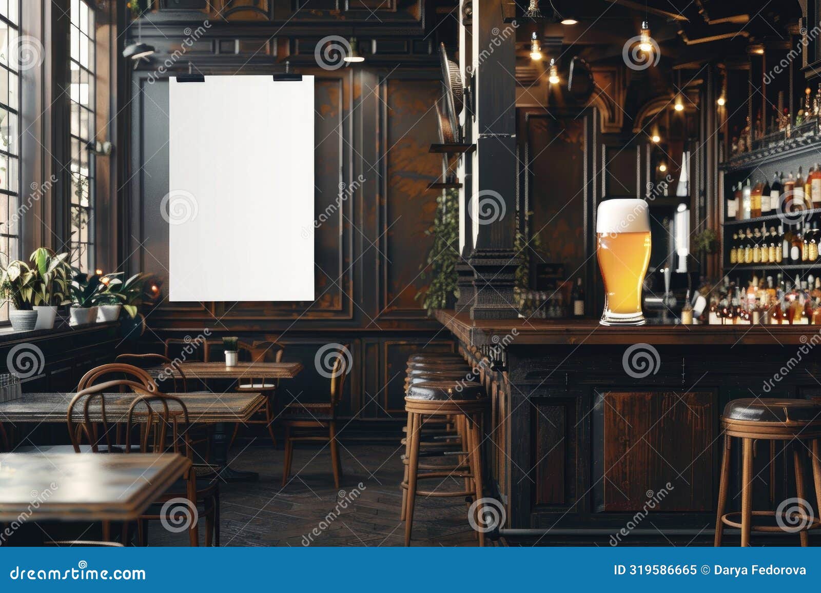Classic Pub Interior with Pint of Beer on Wooden Bar and Blank Frame ...