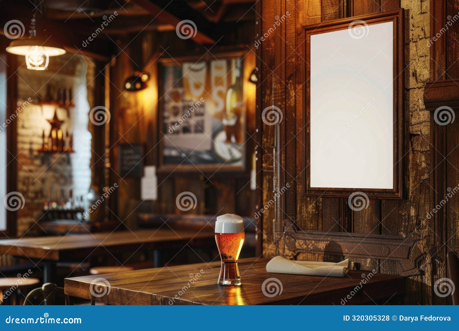 Classic Pub Interior with Pint of Beer on Wooden Bar and Blank Frame ...