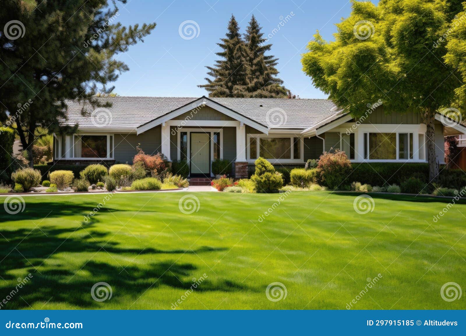 Classic Ranch Style House with Vast Lush Lawn Stock Image - Image of ...