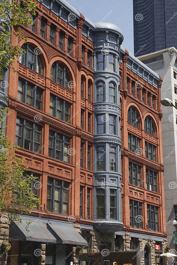 Classic Red and Blue Building in Seattle Stock Photo - Image of ...