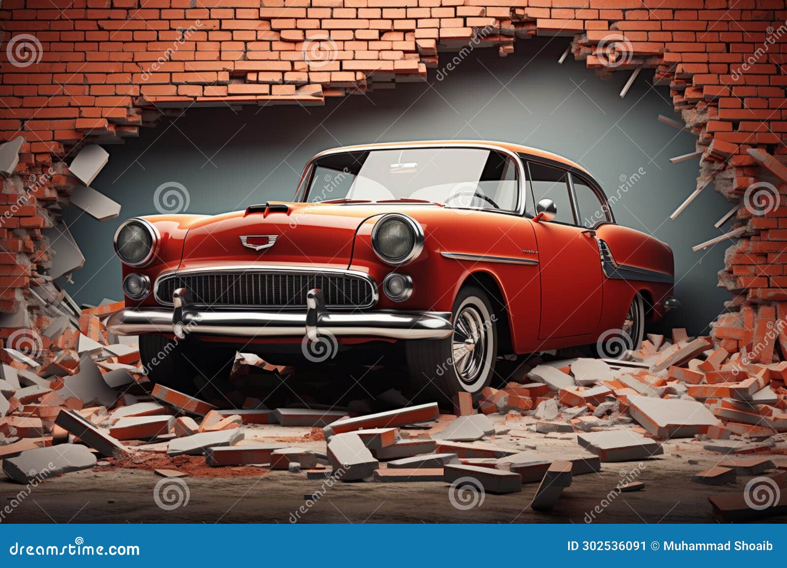 Classic Red Car Meets Broken Wall in 3D Mural Wallpaper Stock ...