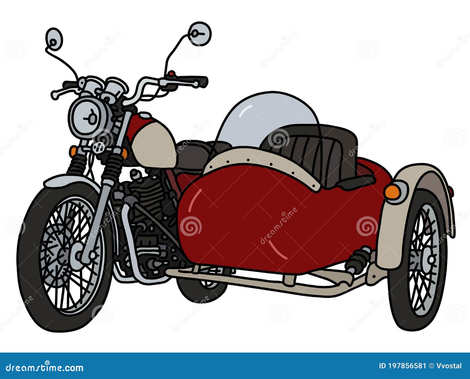 Classic Sidecar Motorcycle With Rider Side View Graffiti Style Isolated ...