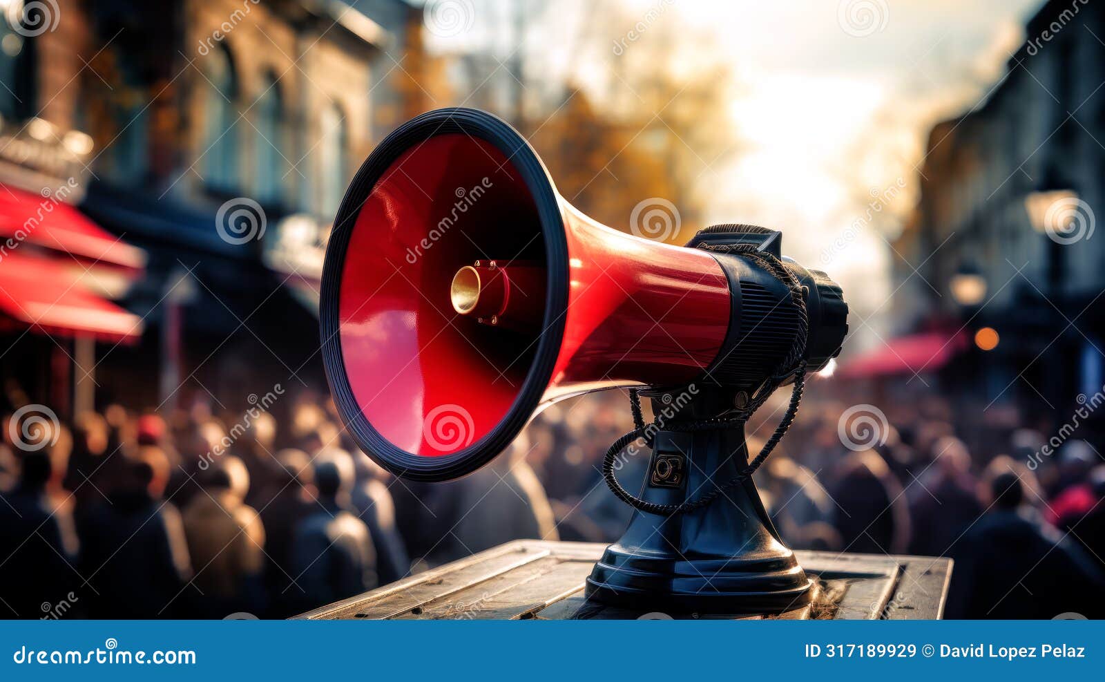 Vintage Megaphone on Wooden Table Overlooking Crowded Street ...