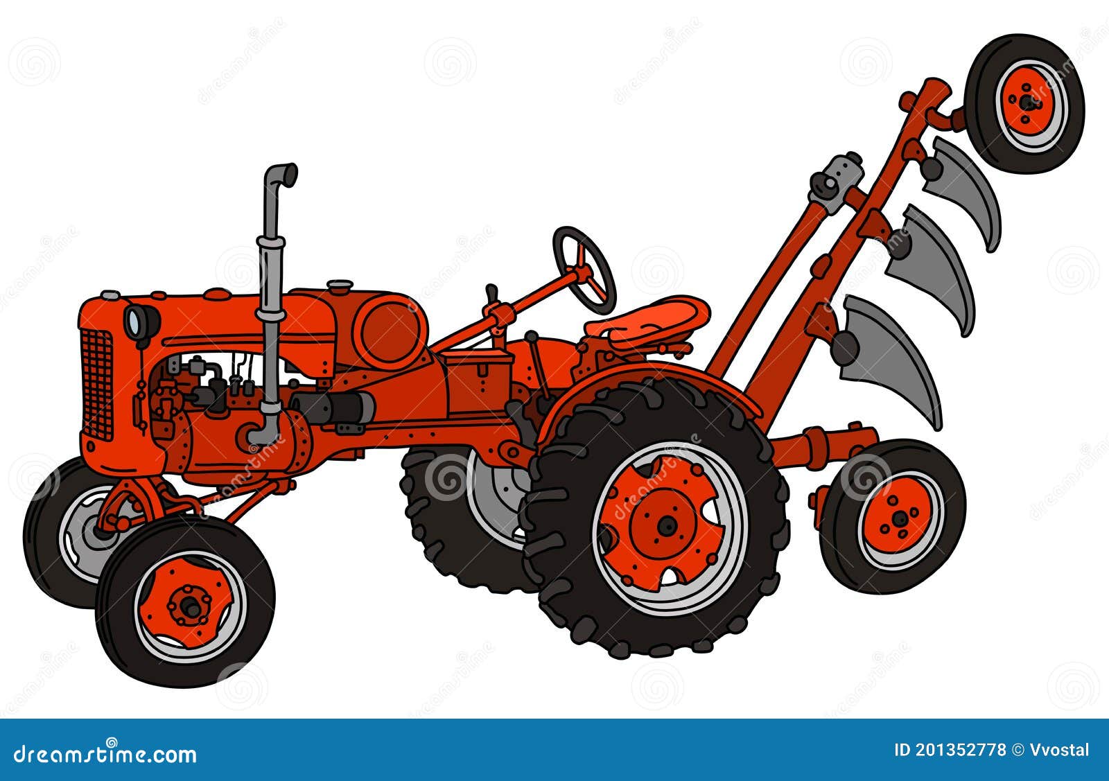 The Classic Red Tractor with a Plough Stock Vector - Illustration of ...