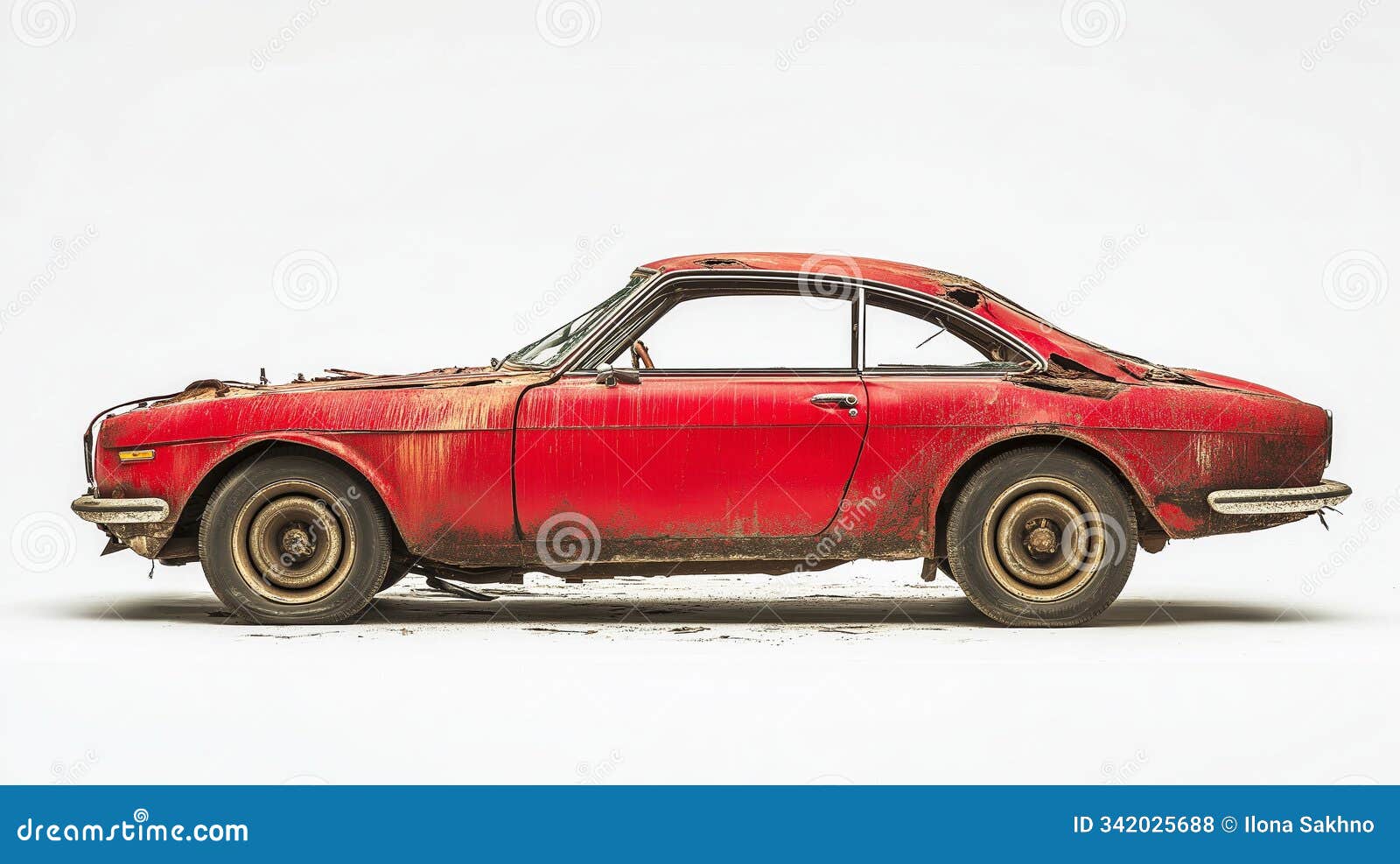 Classic Red Vintage Car with Rust and Damage, Side View Against White ...