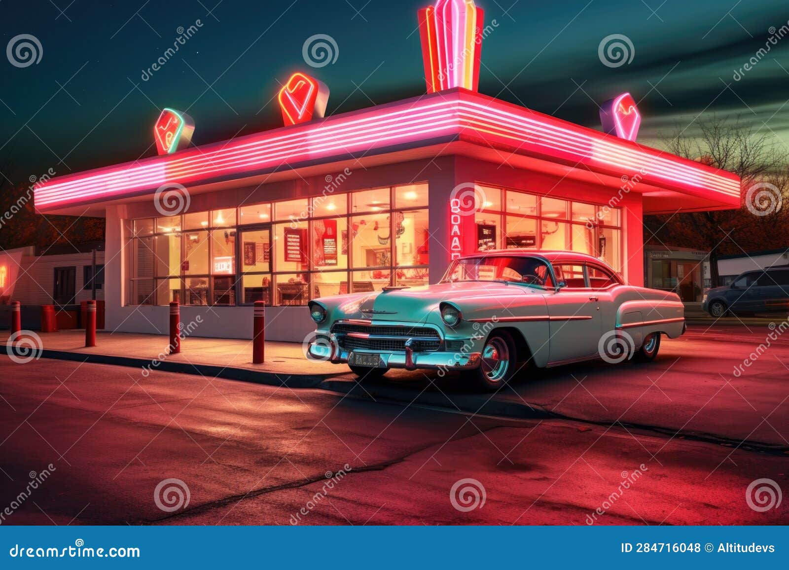 Classic Retro Diner Exterior with Neon Sign Stock Illustration ...