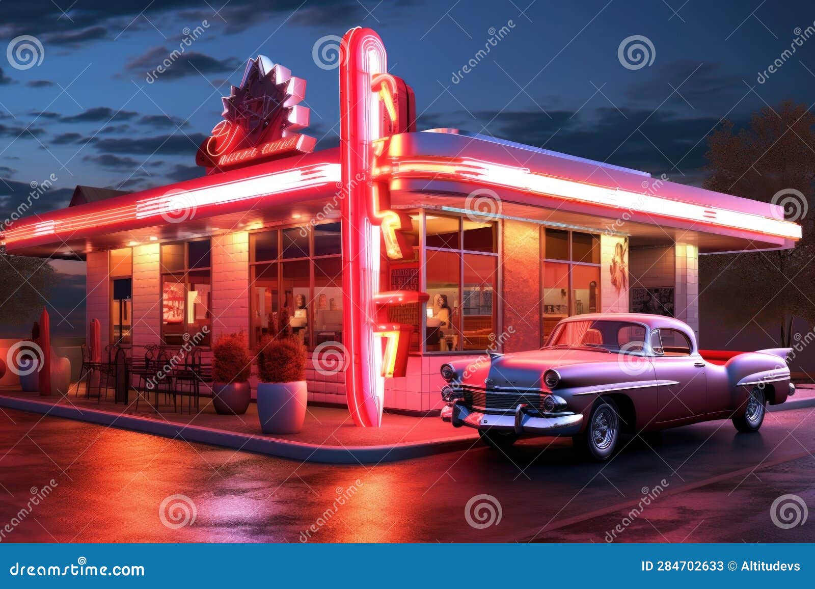 Classic Retro Diner Exterior with Neon Sign Stock Illustration ...