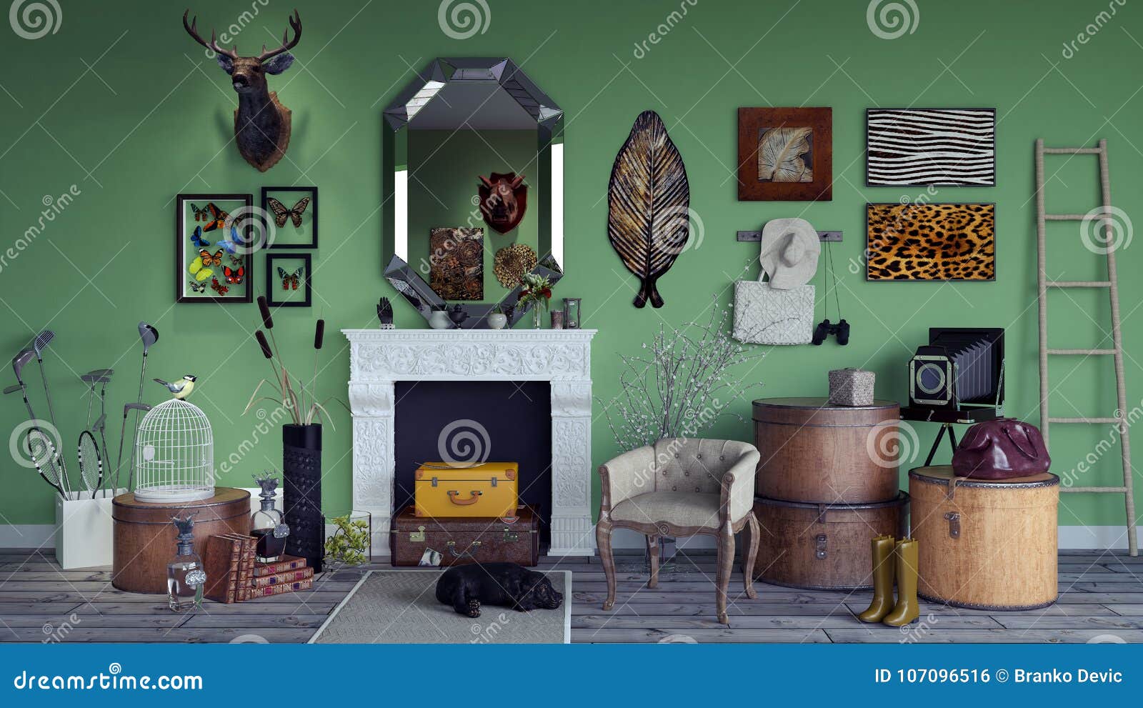 Classic Retro Interior Design of Living Room 3d Render Stock ...