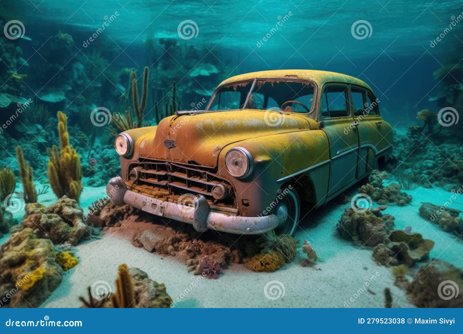 Classic Rusted Wrecked Car Underwater Stock Illustration - Illustration ...