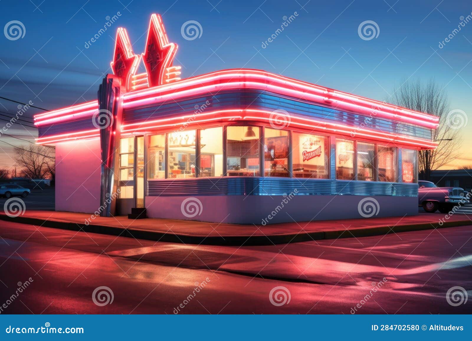 Classic 50s Diner Exterior with Neon Lights and Signage Stock Photo ...