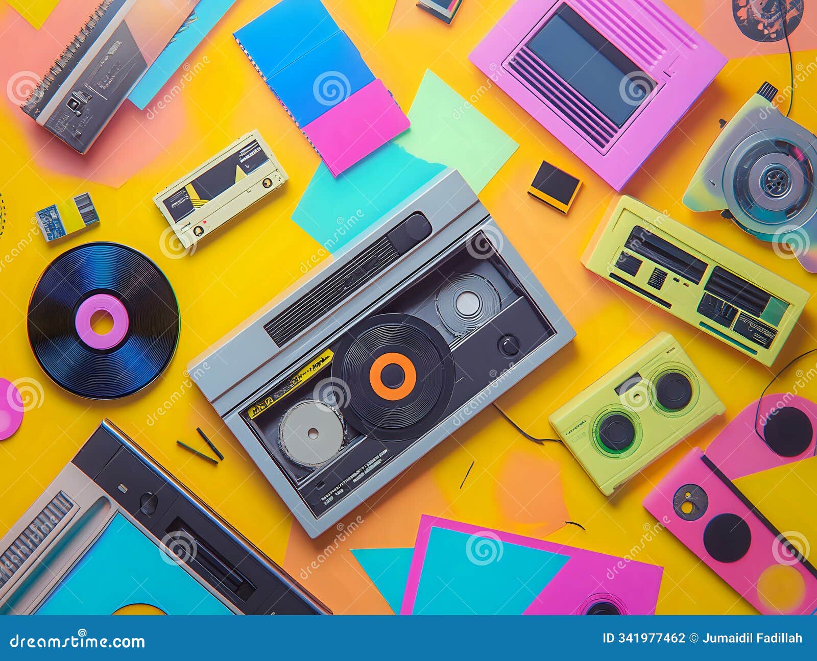 Classic 90s Tech Items Arranged on a Vibrant Geometric Background ...