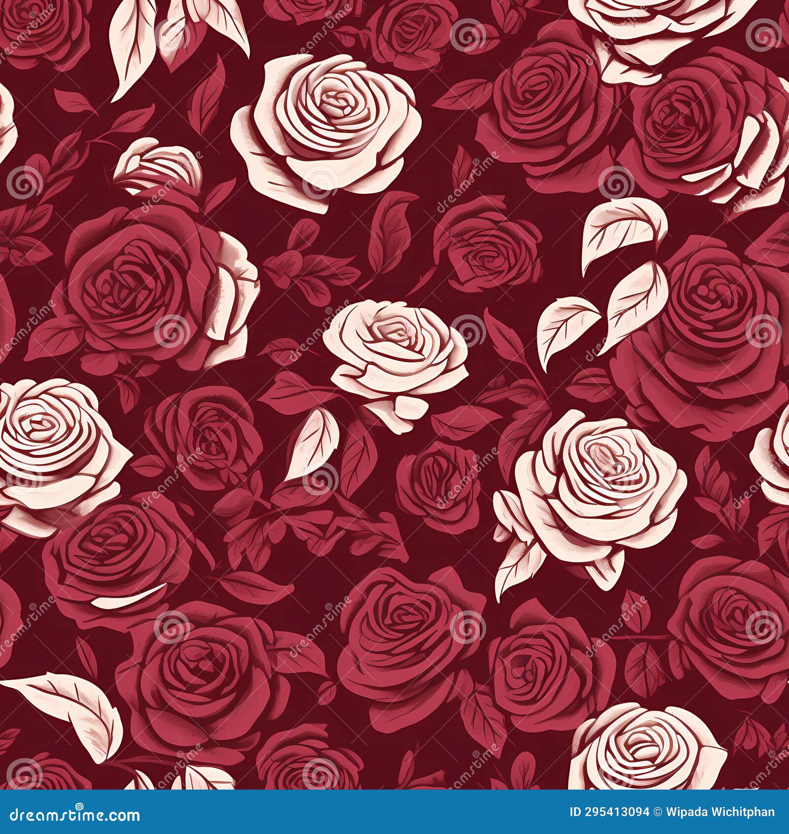 Classic Seamless Pattern with Red Rose Floral Drawing Stock ...