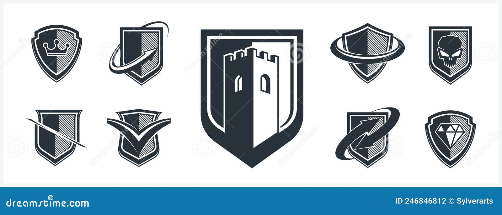 Classic Shields Shapes Set with Different Additional Elements Vector ...