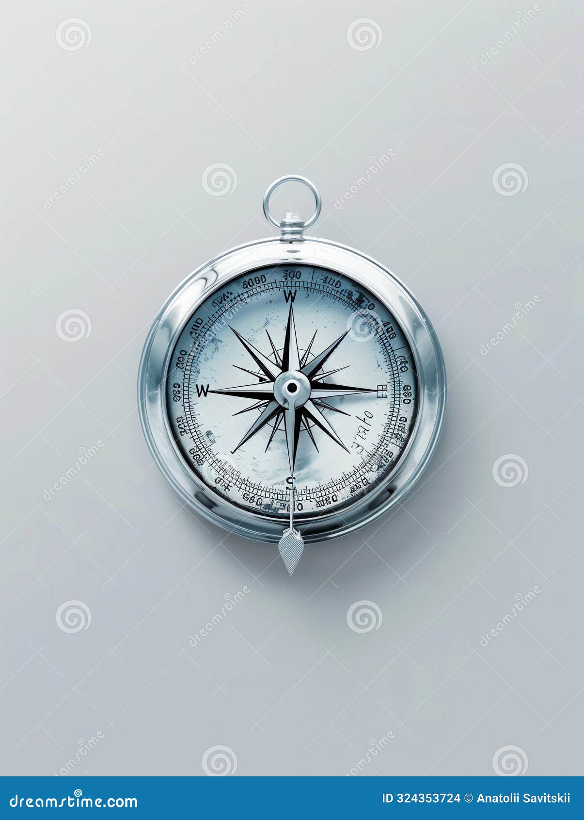 A Classic Silver Compass with a White Face and Black Needle Pointing ...