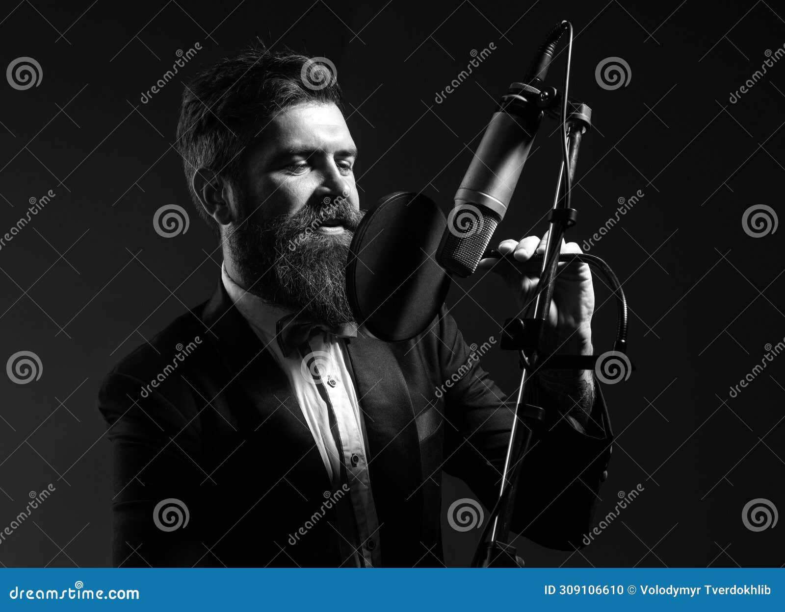 Classic Singer. Man Singing with Music Microphone. Stock Photo - Image ...