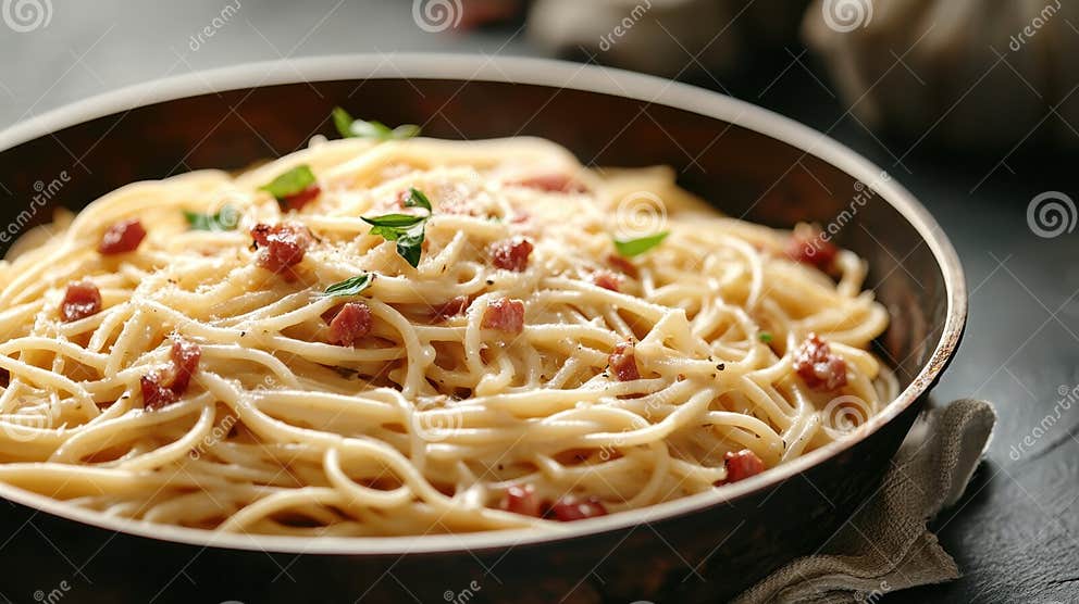 Classic Spaghetti Carbonara in Iron Skillet on Dark Surface Stock Image ...