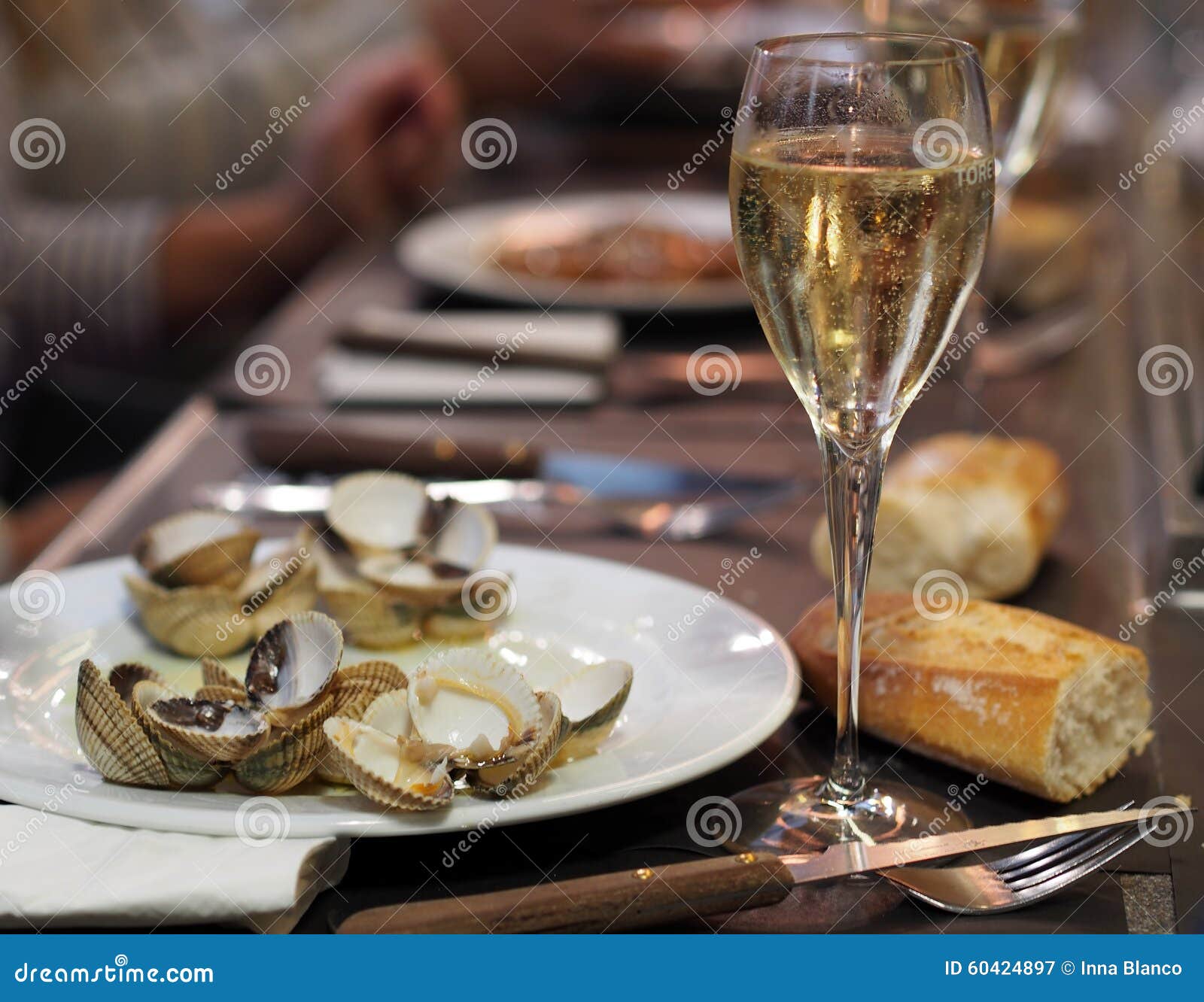 Classic Spanish Lunch - White Wine, Bread and Mussels Stock Image ...