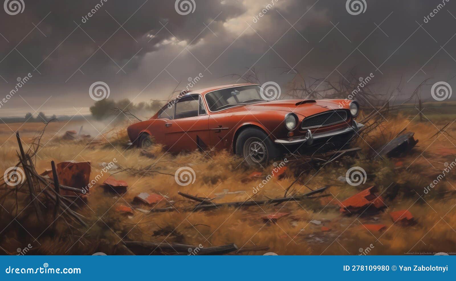 Classic Sport Car Crashes in a Storm. Generative AI Stock Illustration ...