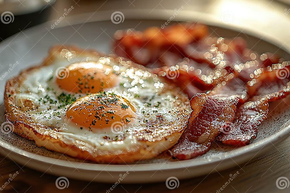 A Classic Start Sizzling Bacon and Sunny-Side Up Eggs Stock ...