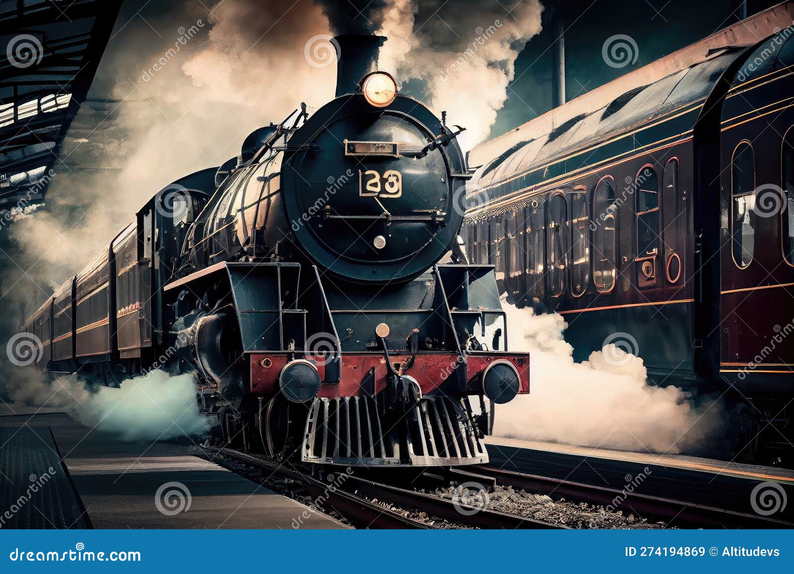 Classic Steam Train Pulling Out of Station, with Smoke and Steam ...