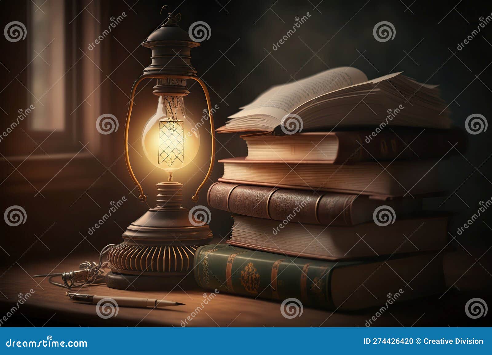 Classic Study Lamp Next To a Pile of Books, Generative AI Stock ...