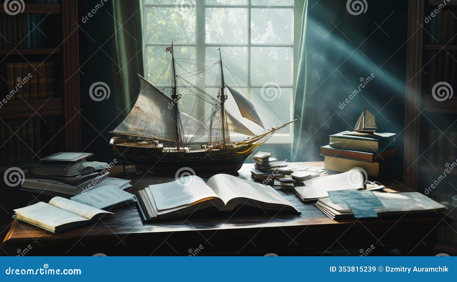 Classic Study Room Table Featuring Old Books and a Ship Replica Stock ...
