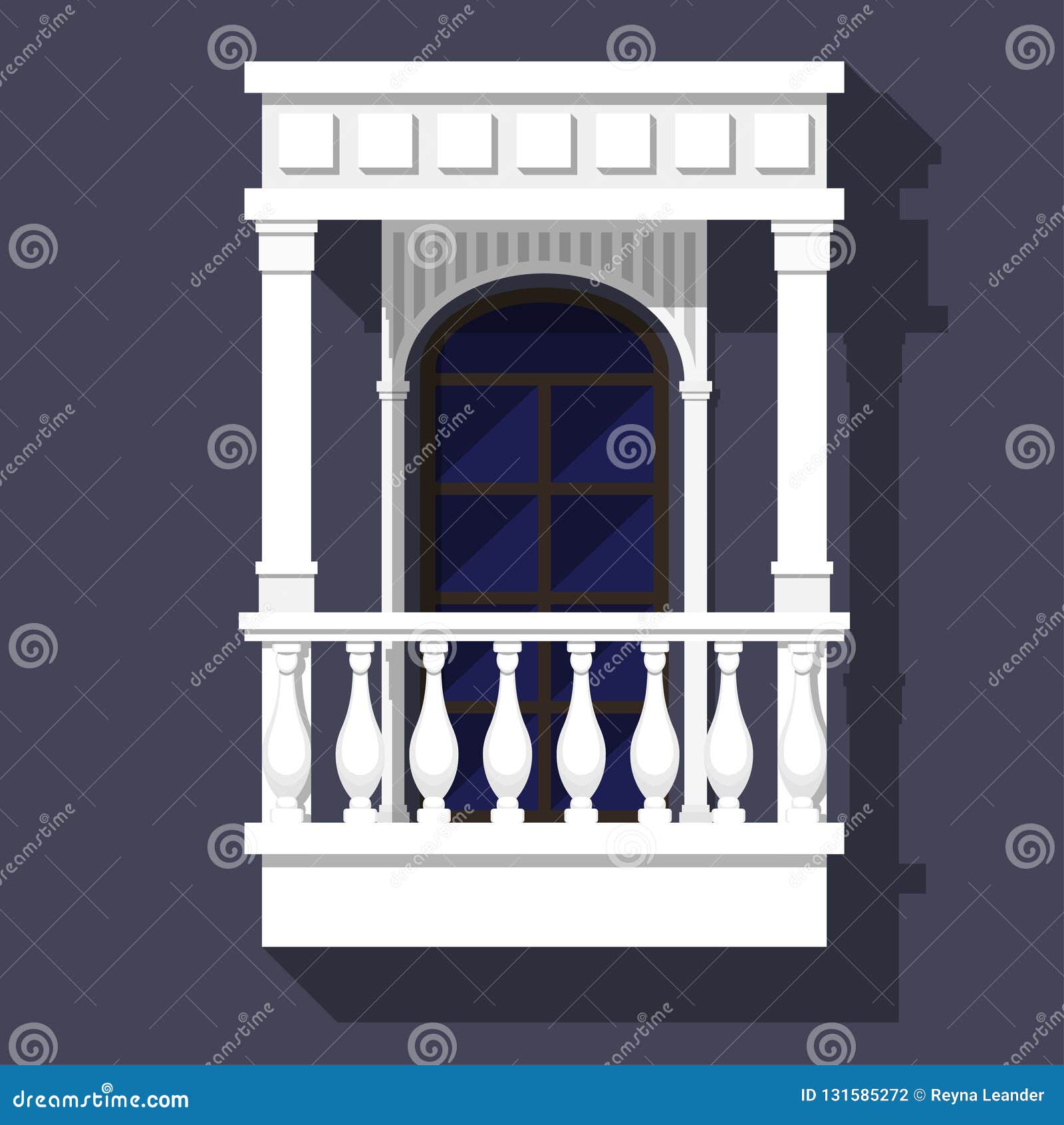Classic Style Balcony with Balusters, Gables and Columns. Arched Window ...