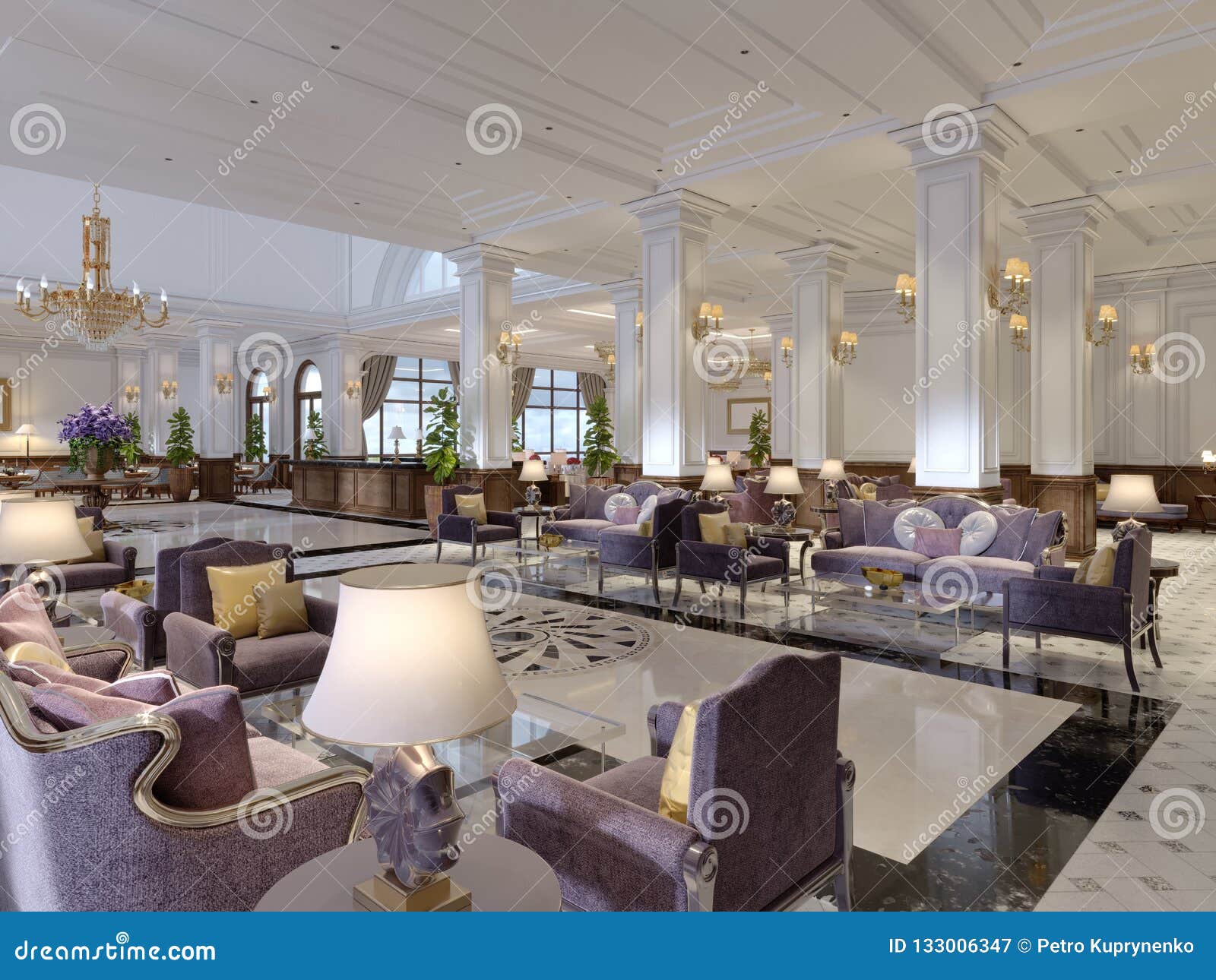Classic Styled Hotel Lobby Interior Stock Illustration - Illustration ...