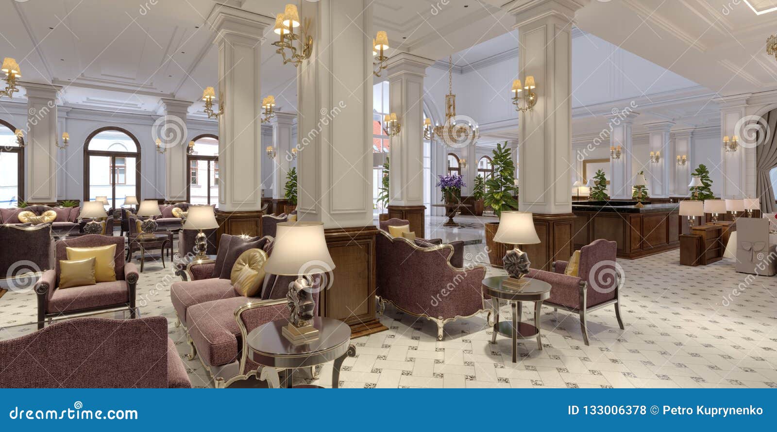 Classic Styled Hotel Lobby Interior Stock Illustration - Illustration ...