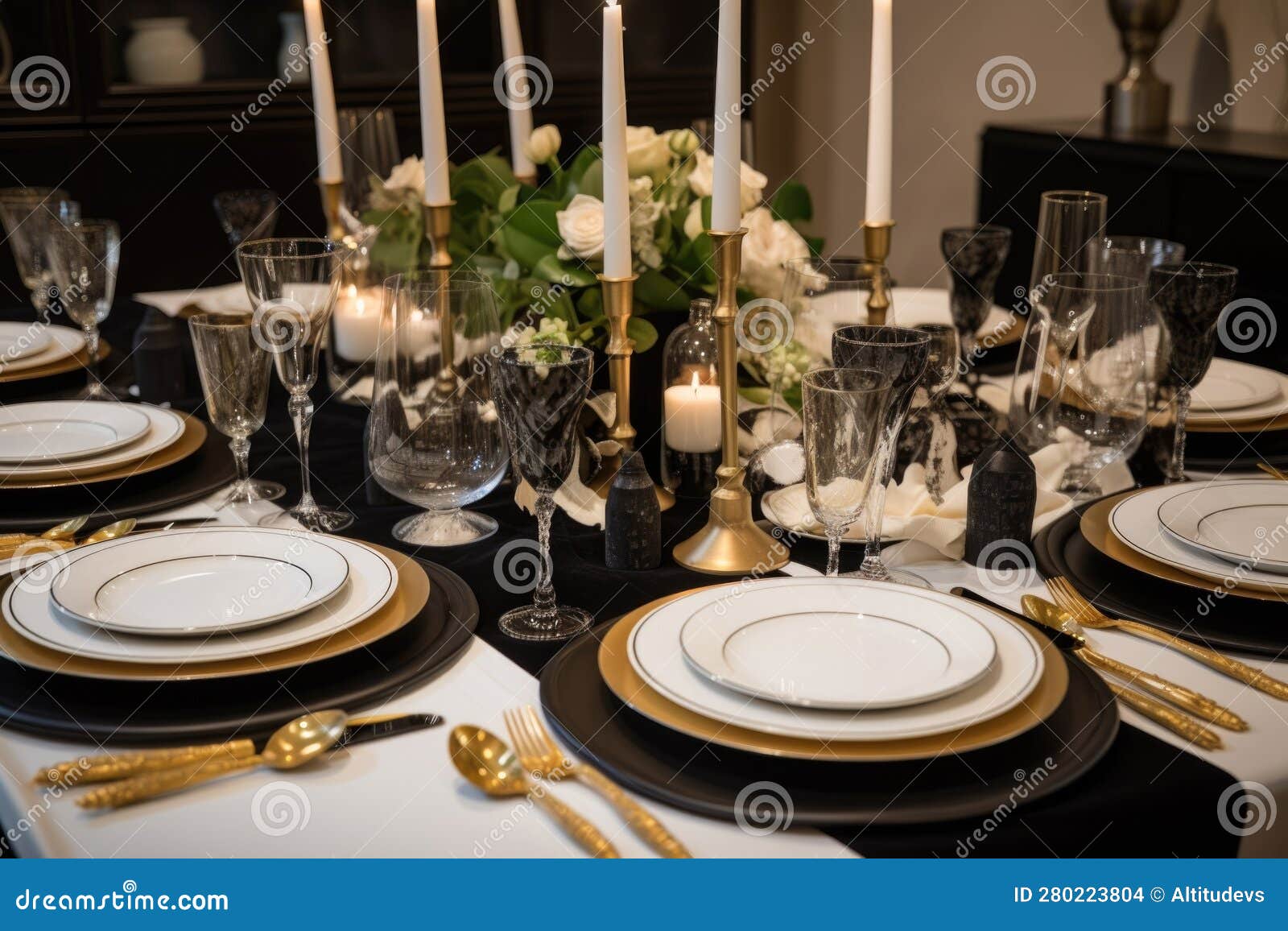 Classic Table Setting with White Dinnerware, Crystal Glasses, and Silver Cutlery Stock ...