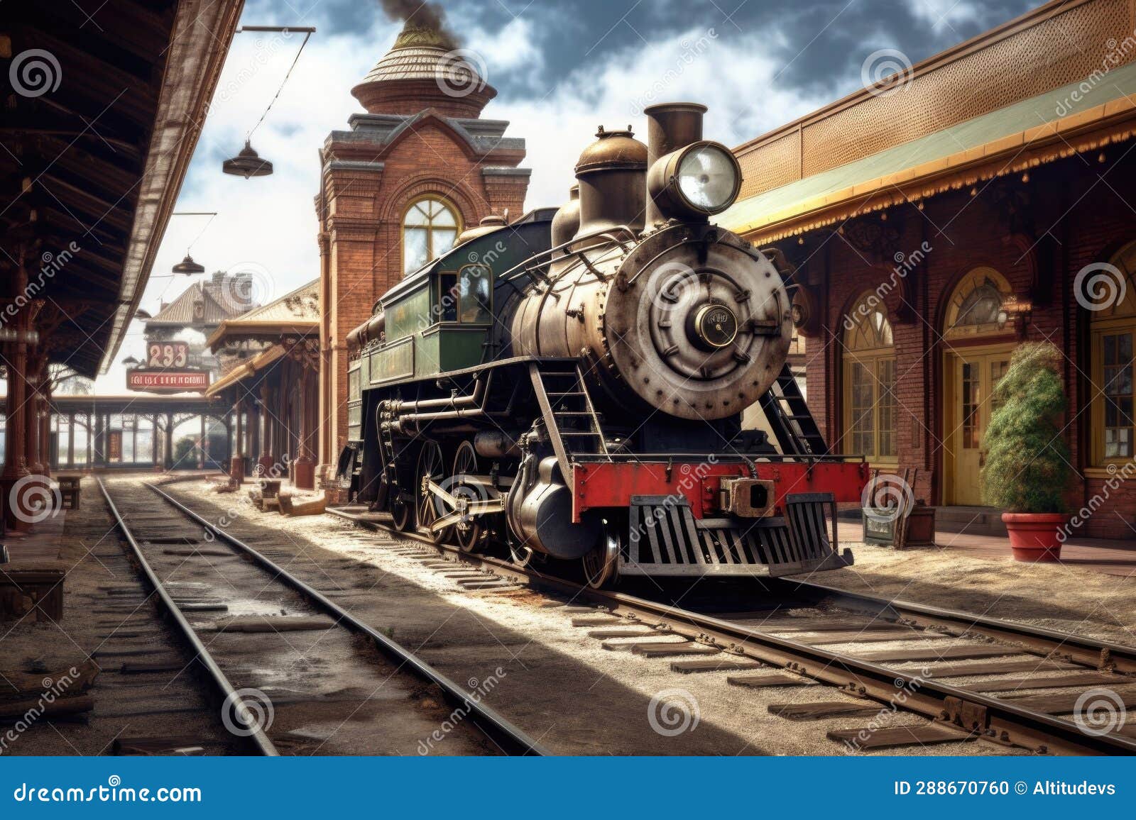 Classic Train Station with Restored Locomotive Stock Photo - Image of ...