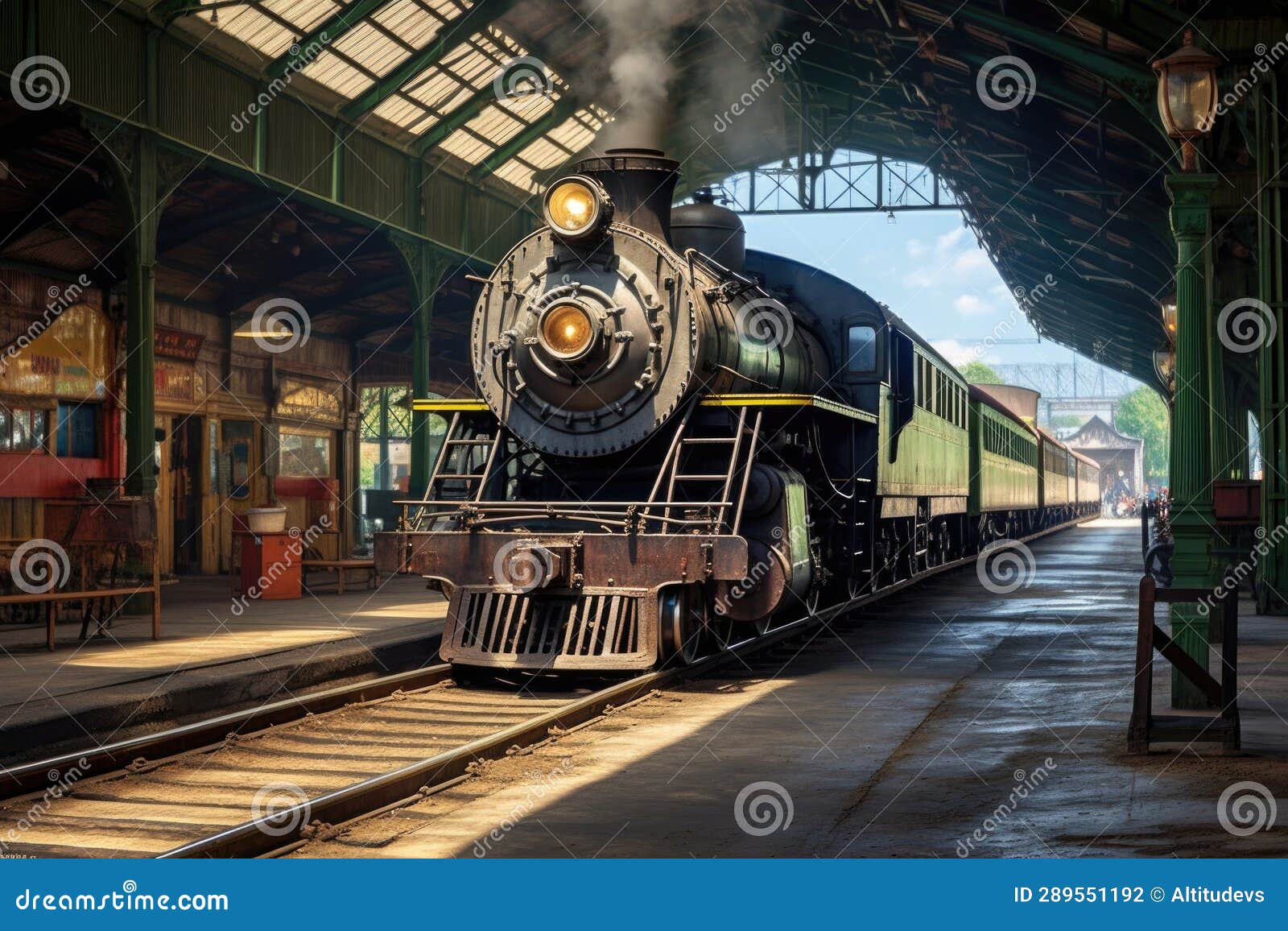 Classic Train Station with Restored Locomotive Stock Illustration ...